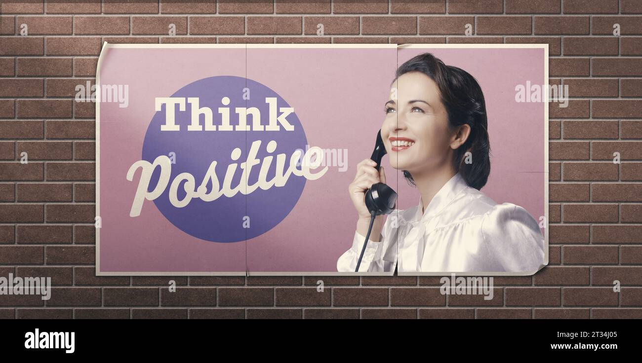 Think positive vintage inspirational advertisement with happy woman ...