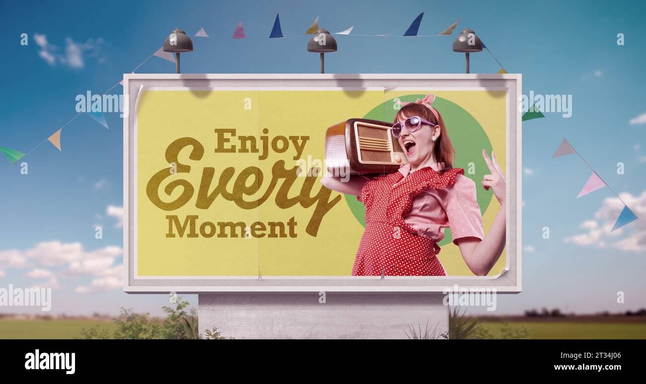 Happy lazy housewife having fun and inspirational quote on billboard ...