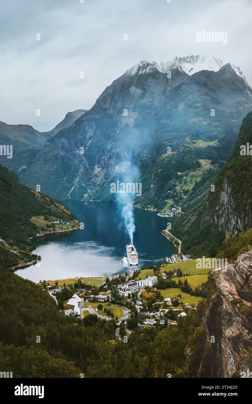 Aerial view Geiranger fjord in Norway mountain landscape ferry cruise ...