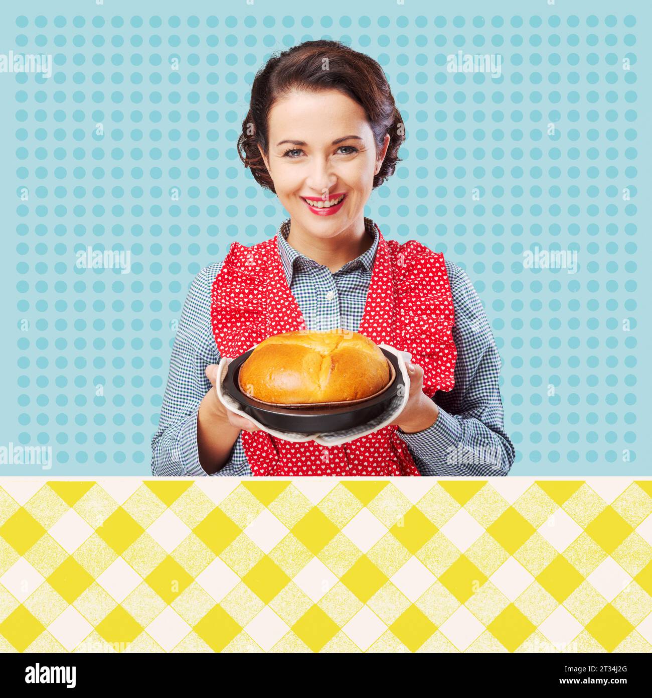 Smiling vintage woman holding an homemade cake in a baking tin Stock ...