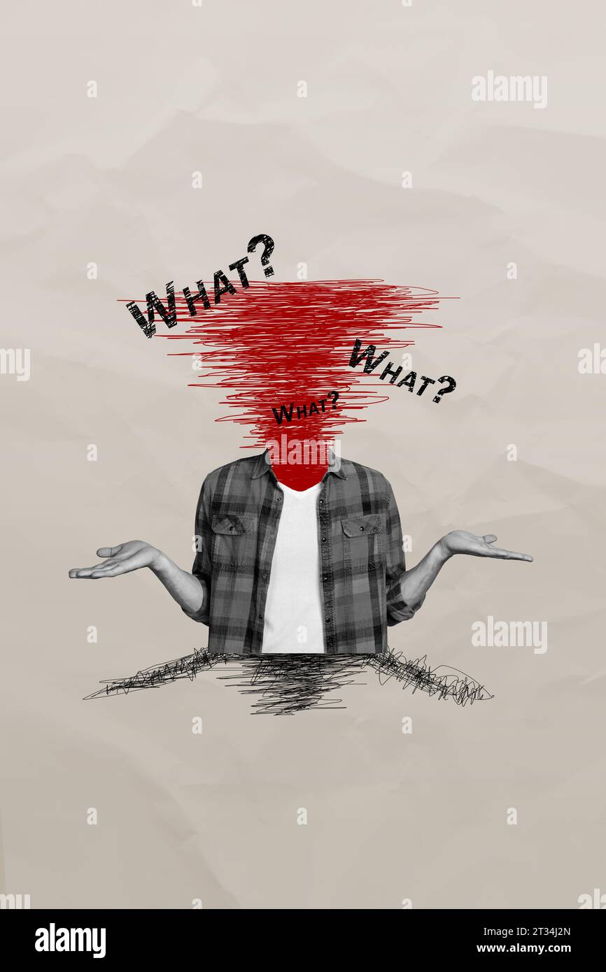 Vertical creative collage image of female shrug shoulders asking what ...