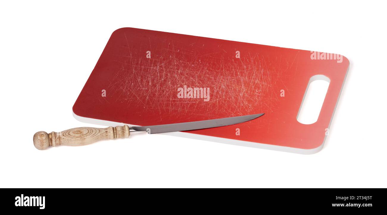 Color gradient red old plastic cutting board background with scratches ...