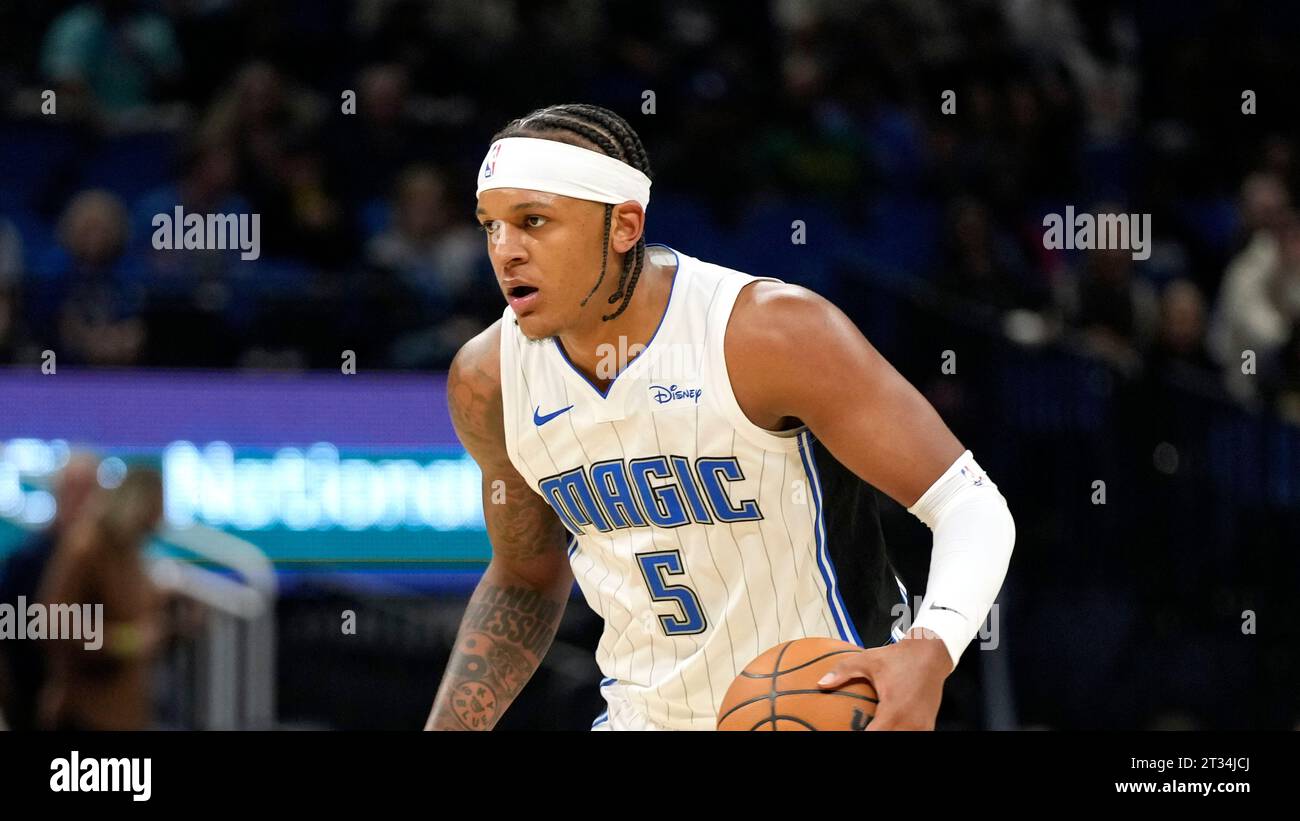Orlando Magic's Paolo Banchero (5) moves the ball against the New Orleans Pelicans during the ...