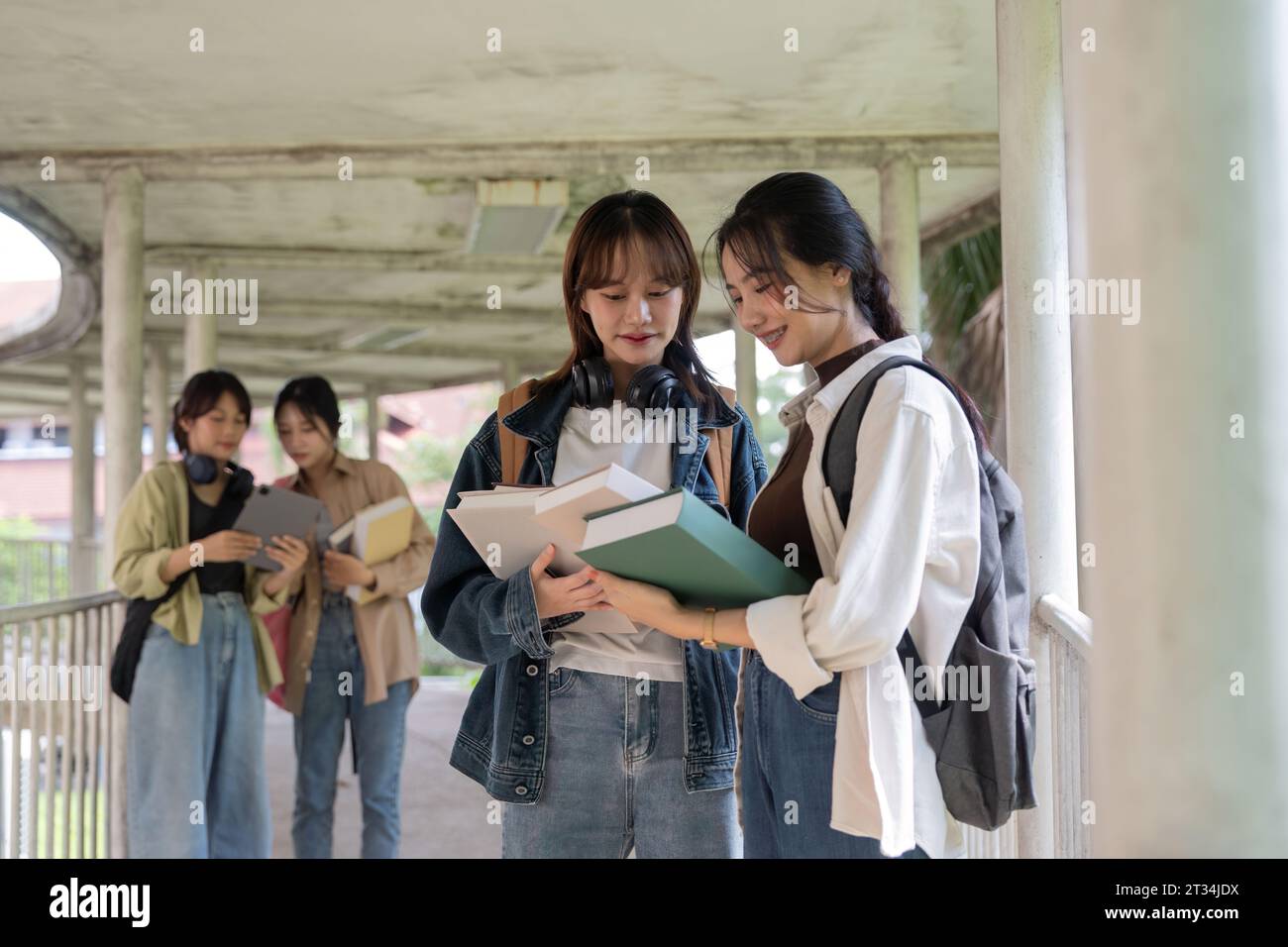 Happy young student chat with each other after class. Guy and girls wear casual clothes to study ...