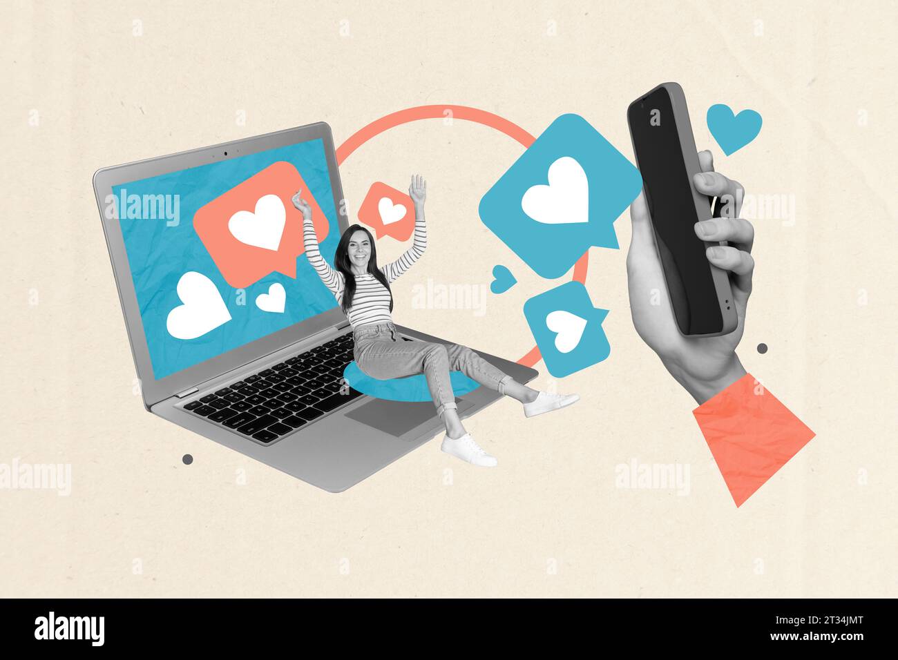 Creative Contemporary Collage Of Young Blog Influencer Woman Sitting On Netbook Touchpad