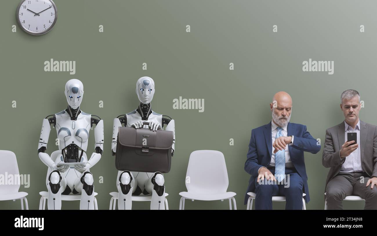 Business people and humanoid AI robot sitting and waiting for a job interview: AI vs human ...