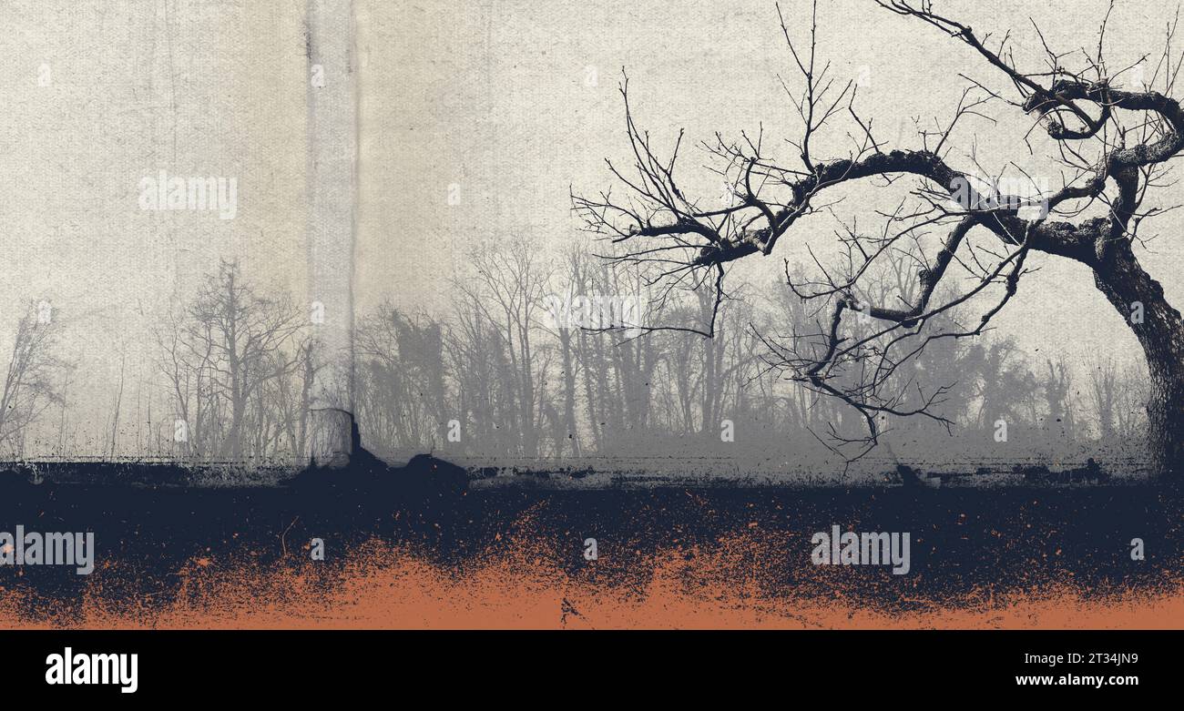 Dry dead tree and spooky forest in the fog, horror vintage background ...