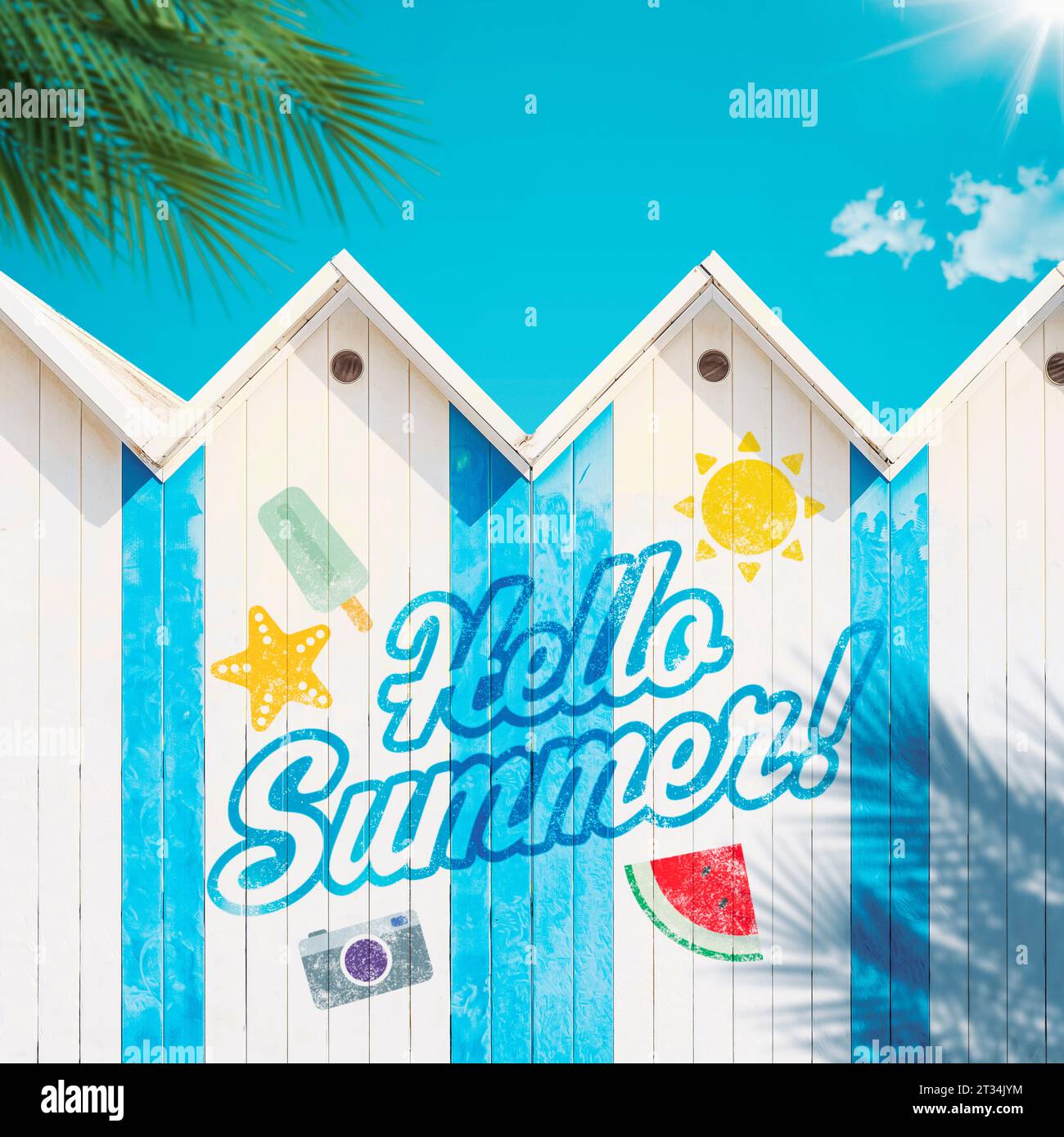 Hello Summer graffiti on wooden beach huts, summer vacations concept ...