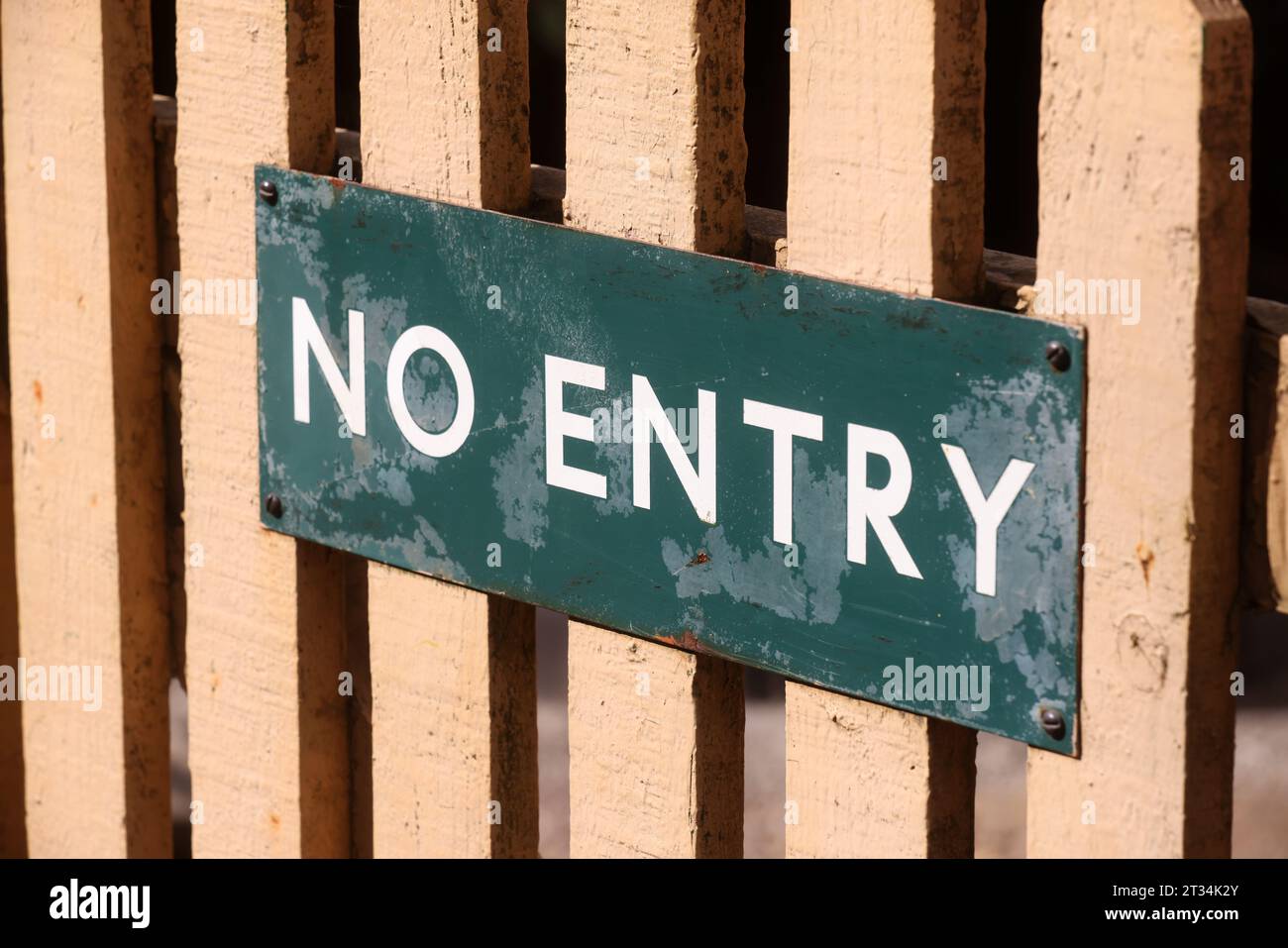 No Entry sign on a fence at a vintage railway. Bluebell Railway, East ...