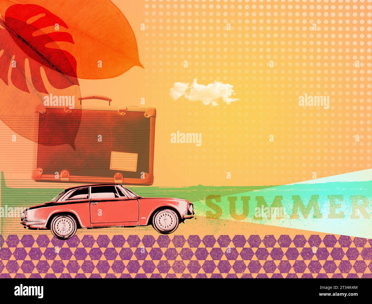 Summer vacation retro style collage with vintage car and suitcase Stock ...