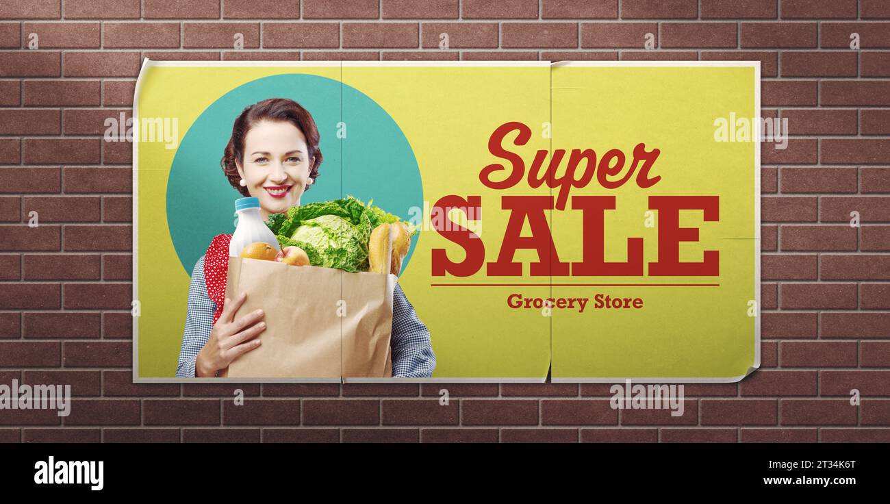 Vintage style grocery shopping advertisement poster with happy ...