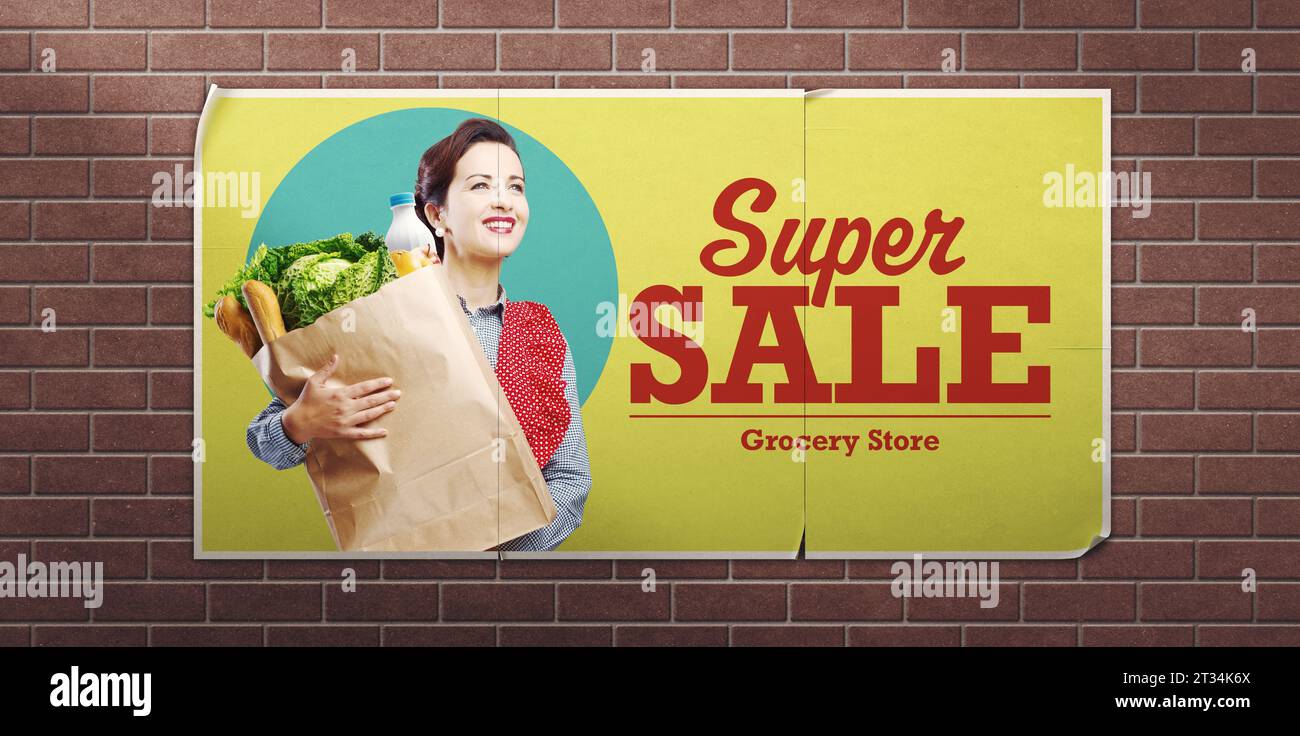 Vintage style grocery shopping advertisement poster with happy ...