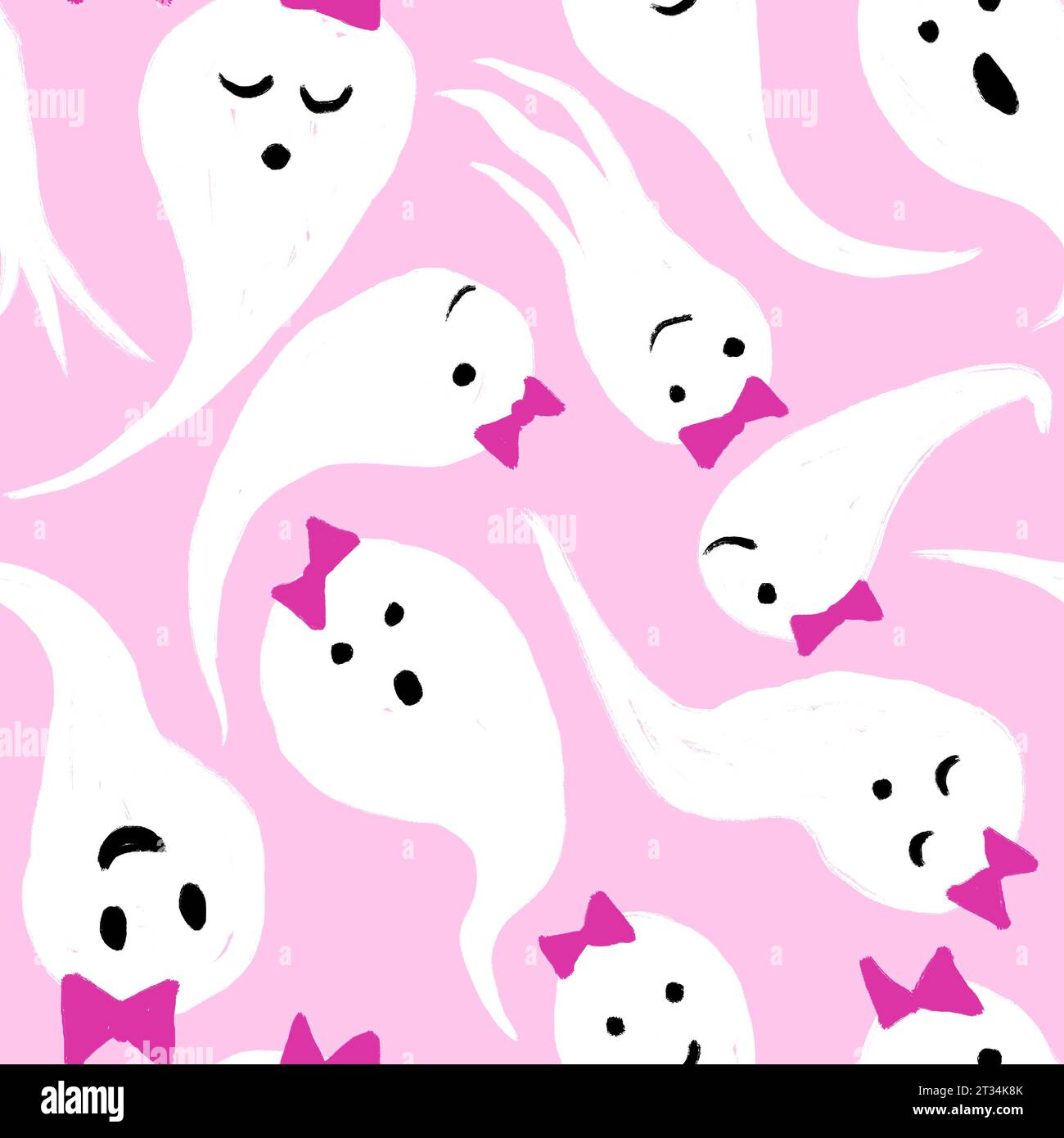 Hand drawn seamless pattern with Halloween ghosts cute pink background ...
