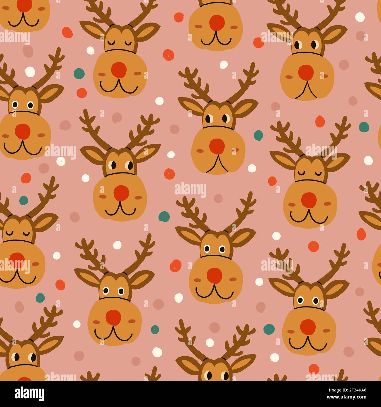 Christmas reindeer character seamless pattern on pink with confetti ...