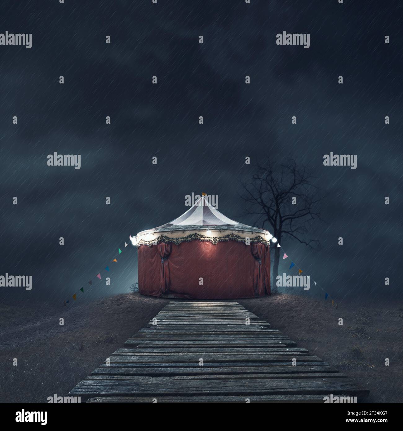 Scary vintage circus tent under the rain in the dark Stock Photo - Alamy