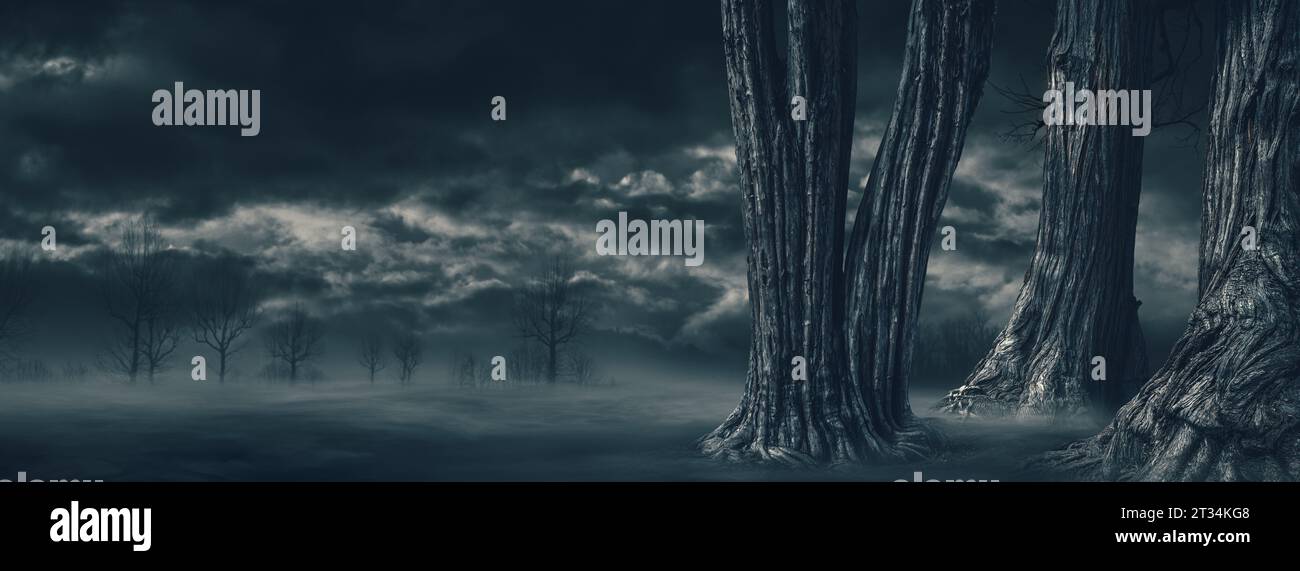 Halloween and horror background: dark night sky with clouds, fog and ...