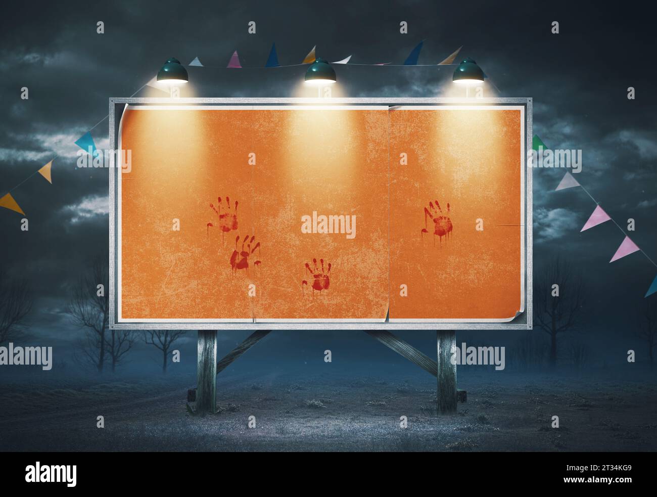 Blank torn poster on billboard and cloudy night sky: Halloween and ...