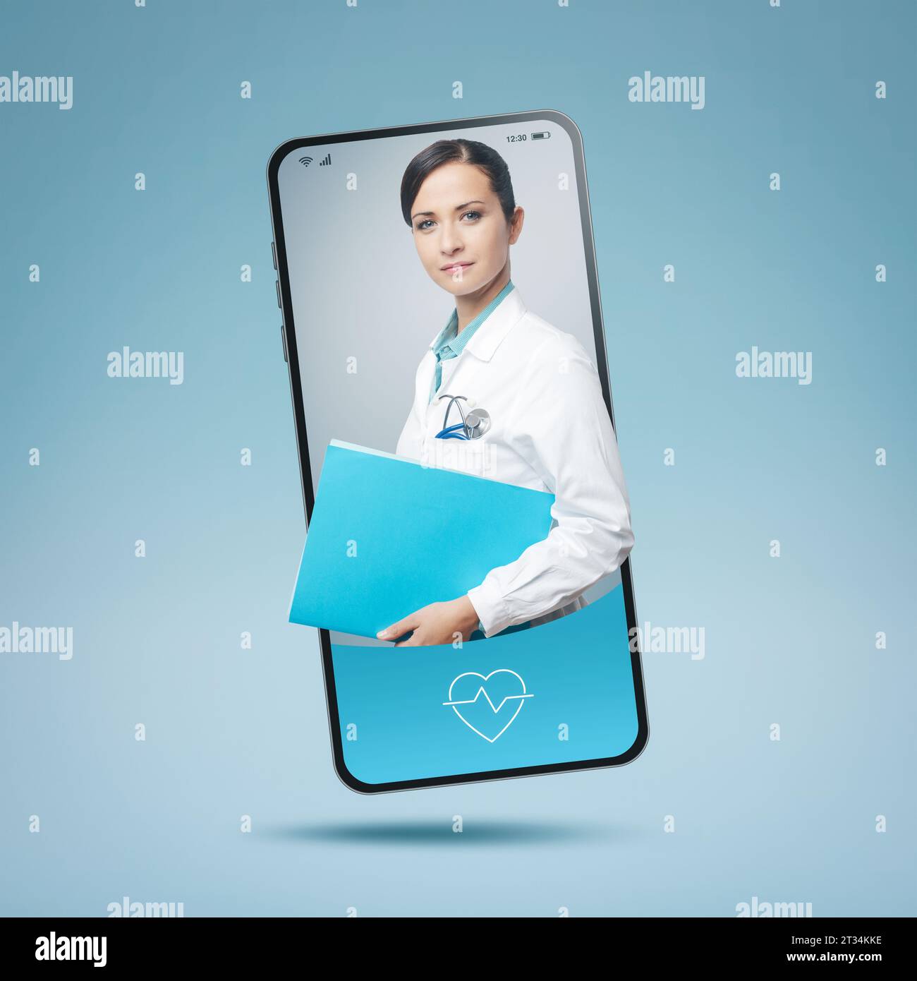 Online doctor videocalling on smartphone screen, professional medical ...