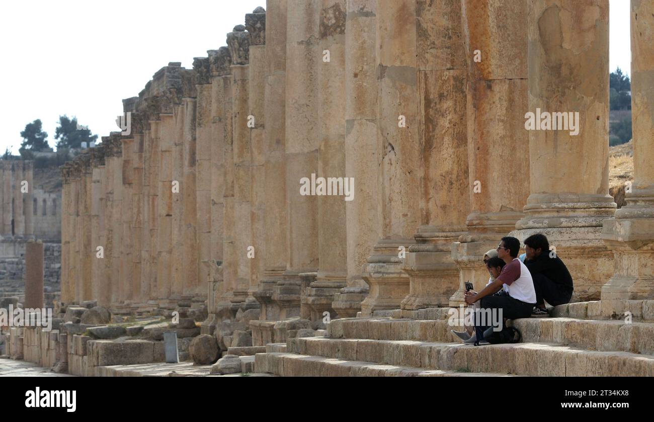 Old buildings, columns and stones in the ancient city of Jerash in ...
