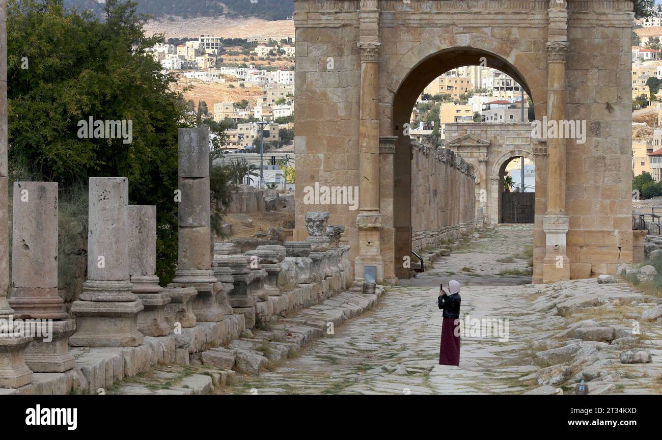 Old buildings, columns and stones in the ancient city of Jerash in ...