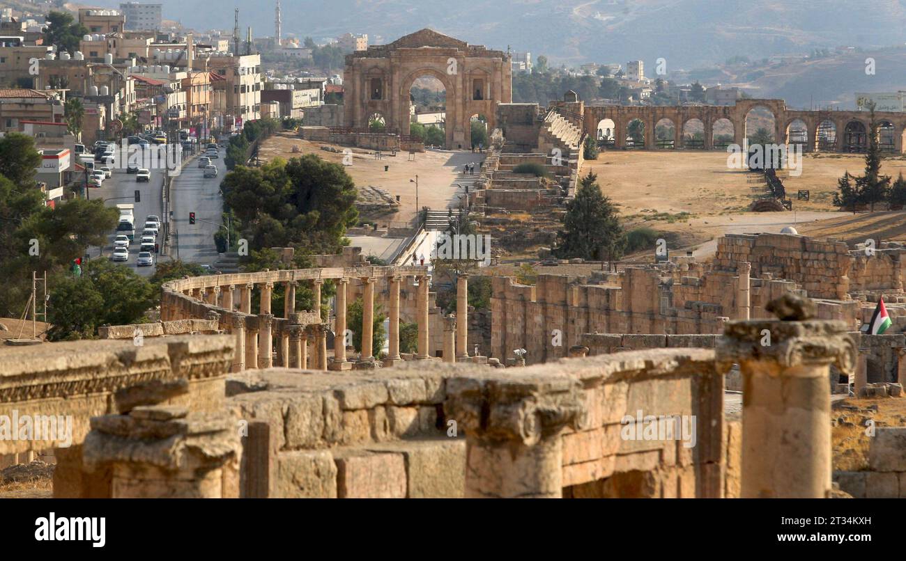 Old buildings, columns and stones in the ancient city of Jerash in ...