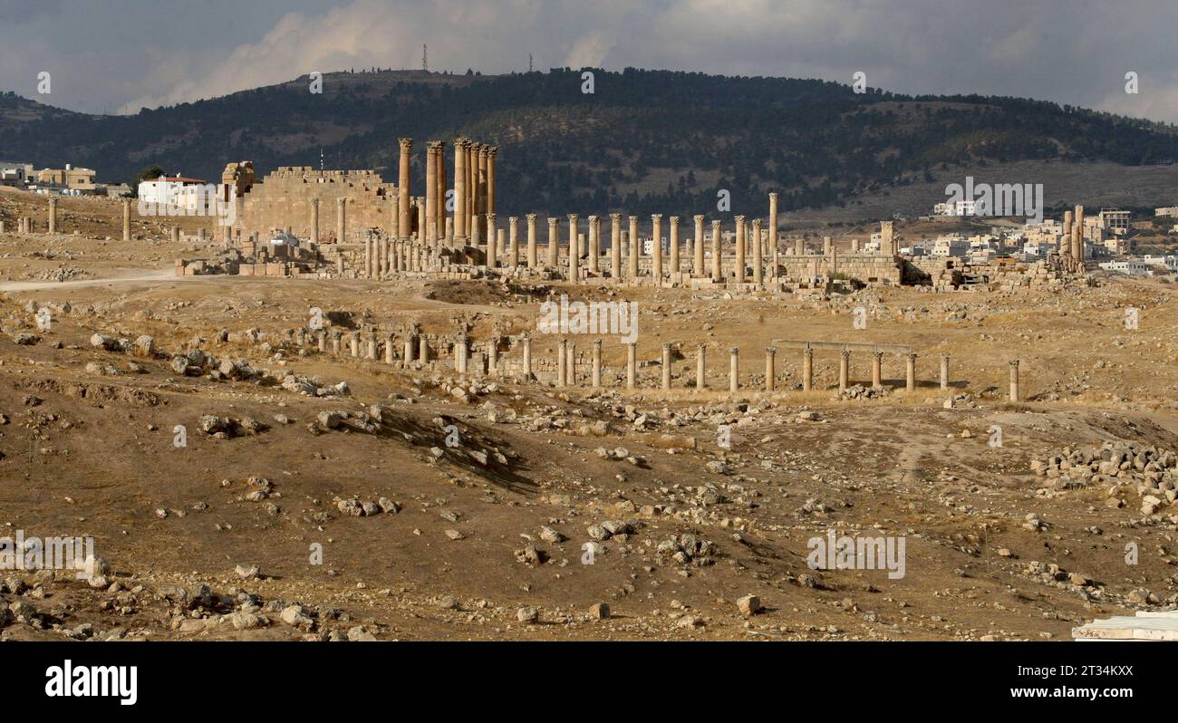 Old buildings, columns and stones in the ancient city of Jerash in ...