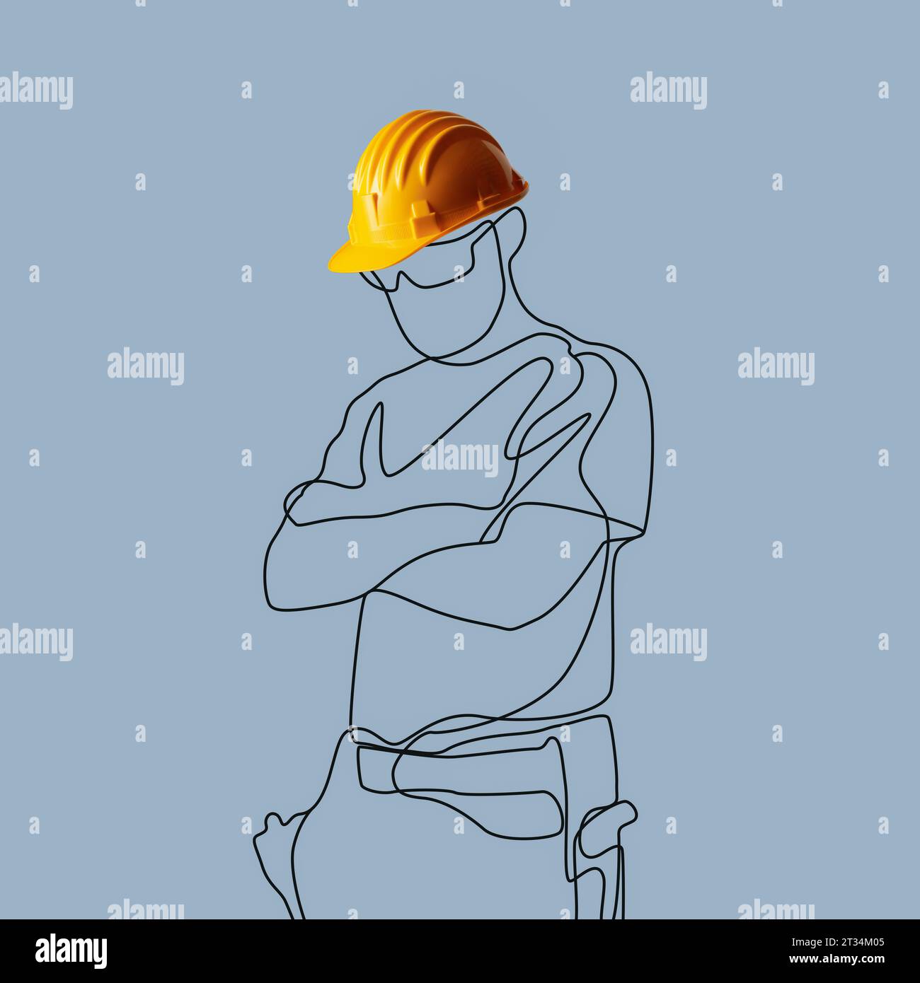 Line drawing of construction worker wearing a hard hat, safety at work ...