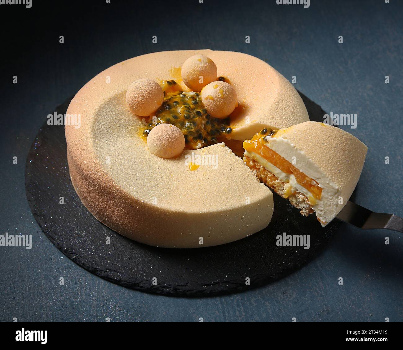 Exotic mousse cake with pasiflora, mango, mascarpone mousse Stock Photo ...