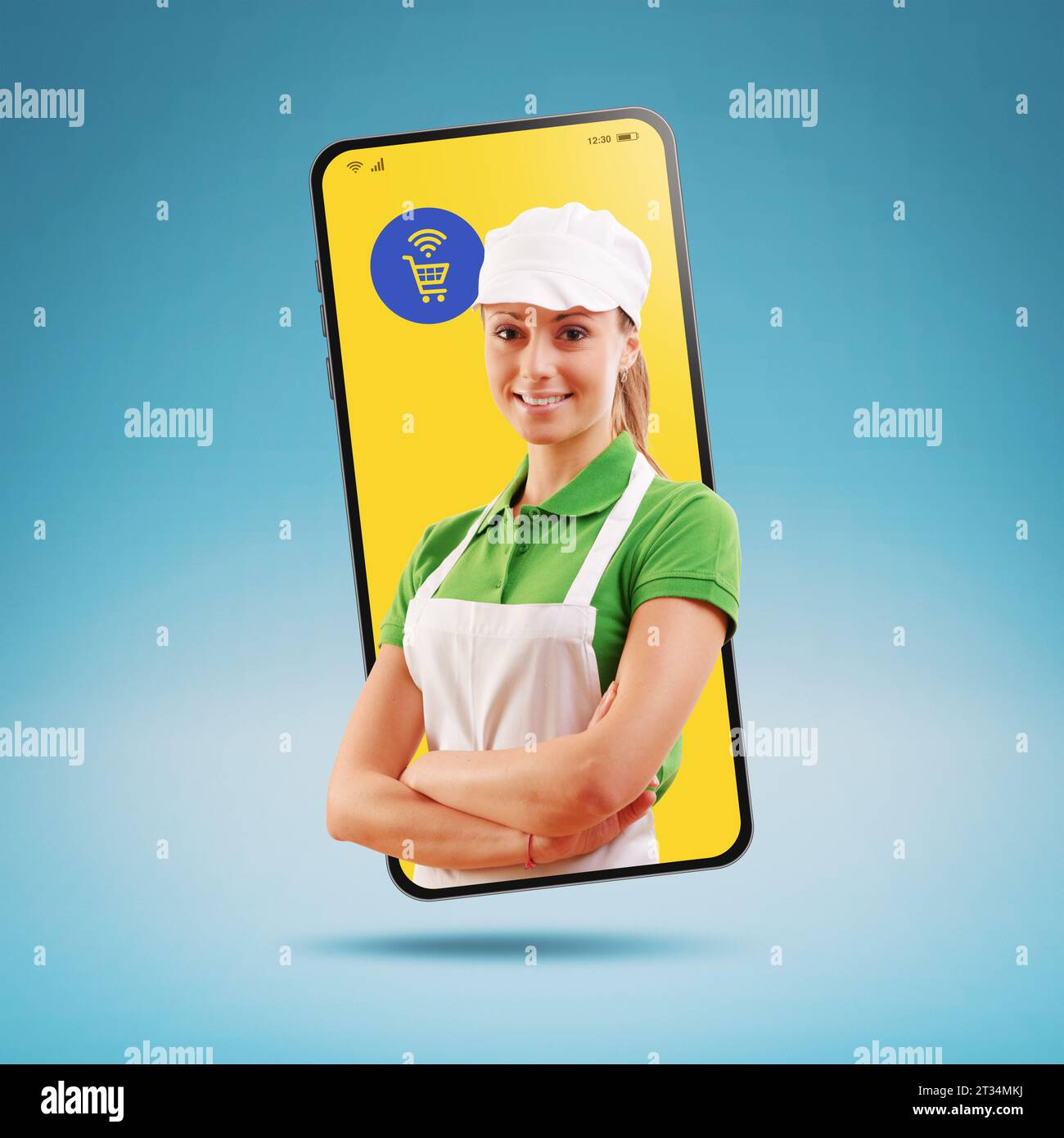 Professional smiling supermarket clerk posing in a smartphone, online ...