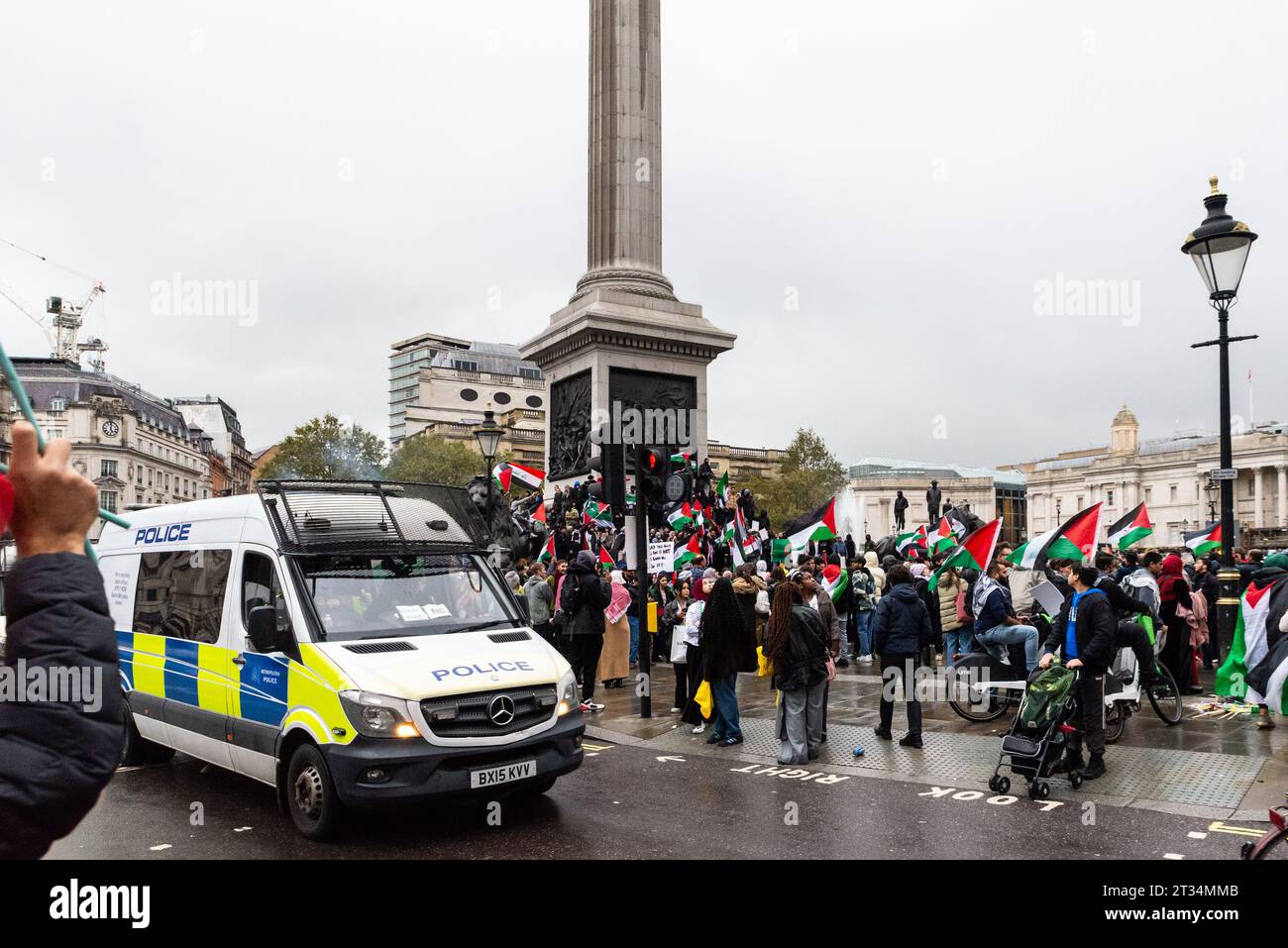 Police passing protesters around Nelson's Column at a Free Palestine ...