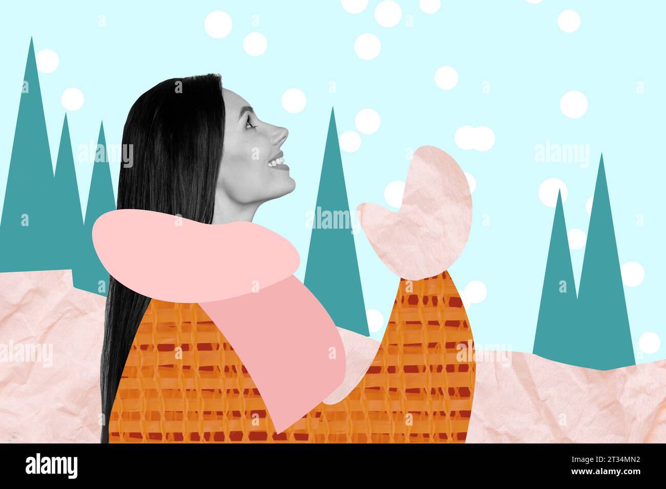 Creative graphics collage image of smiling excited lady walking ...