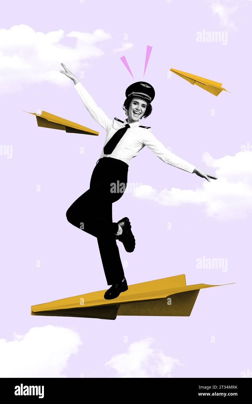 Photo collage of happy young woman in pilot uniform flying wings ...