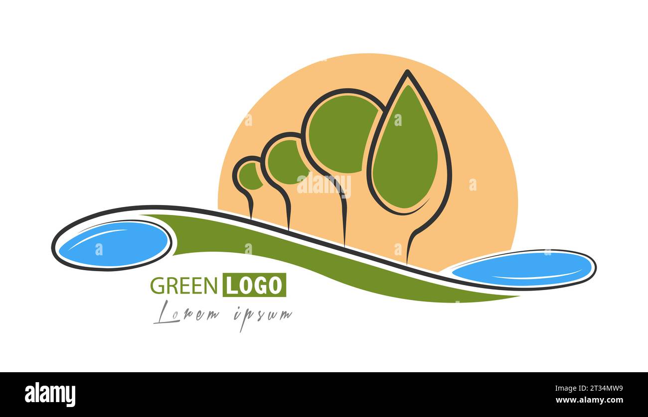 Environmental logo. A sketch of nature with trees, sun and water. Flat ...