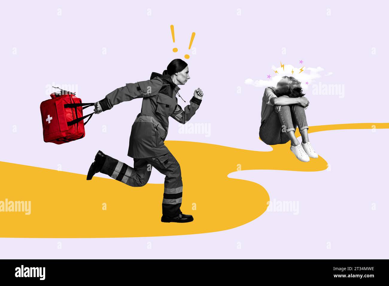 Artwork collage of black white effect medical worker girl hold bag run ...