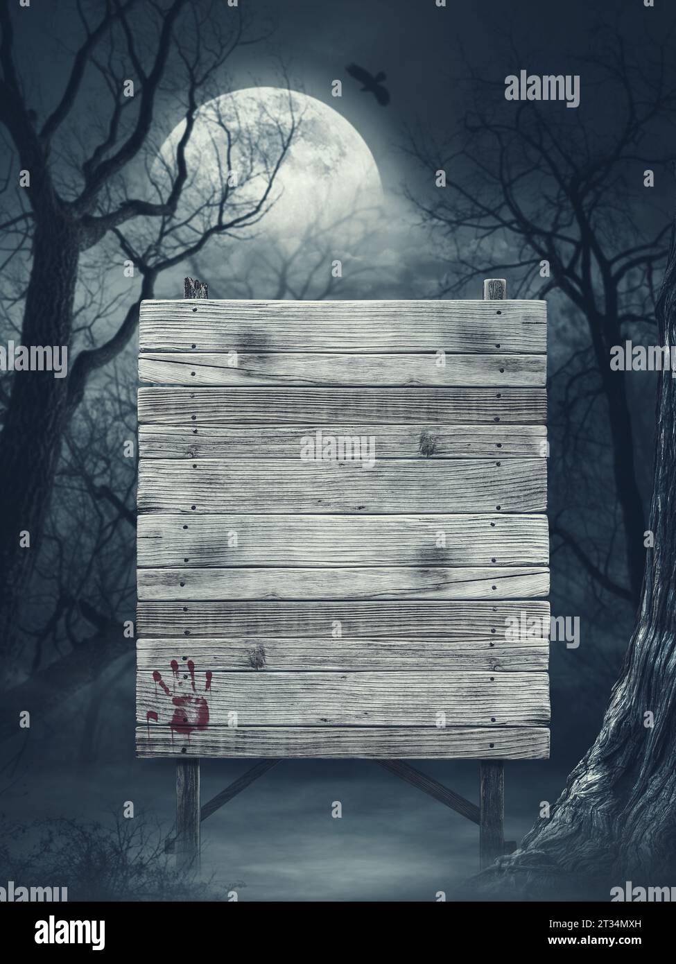 Old weathered wooden sign in the forest with bloody handprint: horror ...