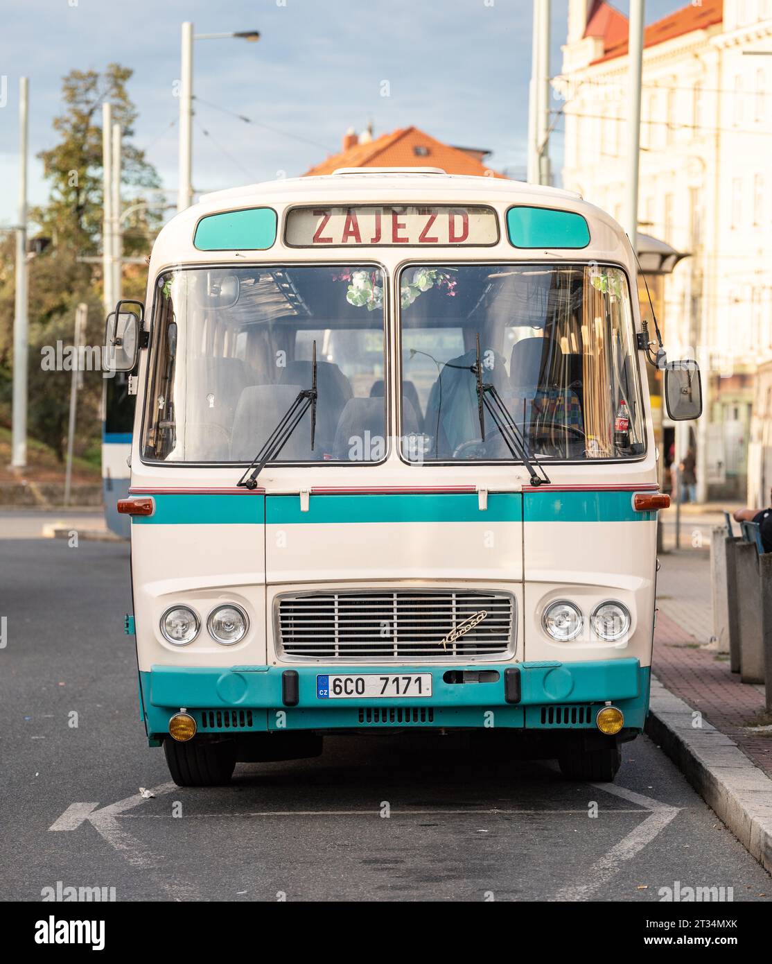 Front side of a historic intercity Karosa ŠD 11 Czech bus, standing at ...