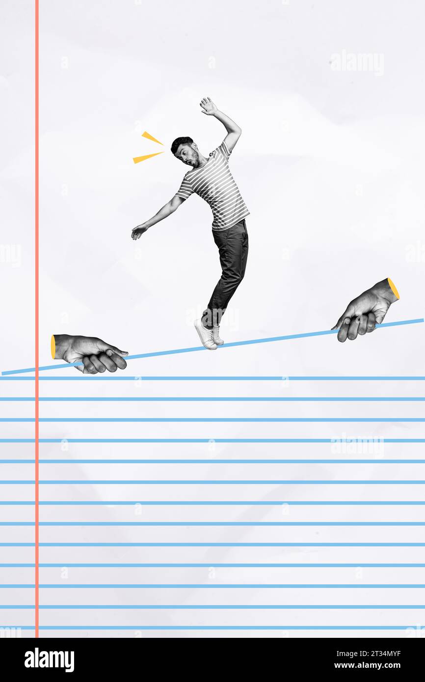 Collage image magazine sketch of funky afraid scared man going ...