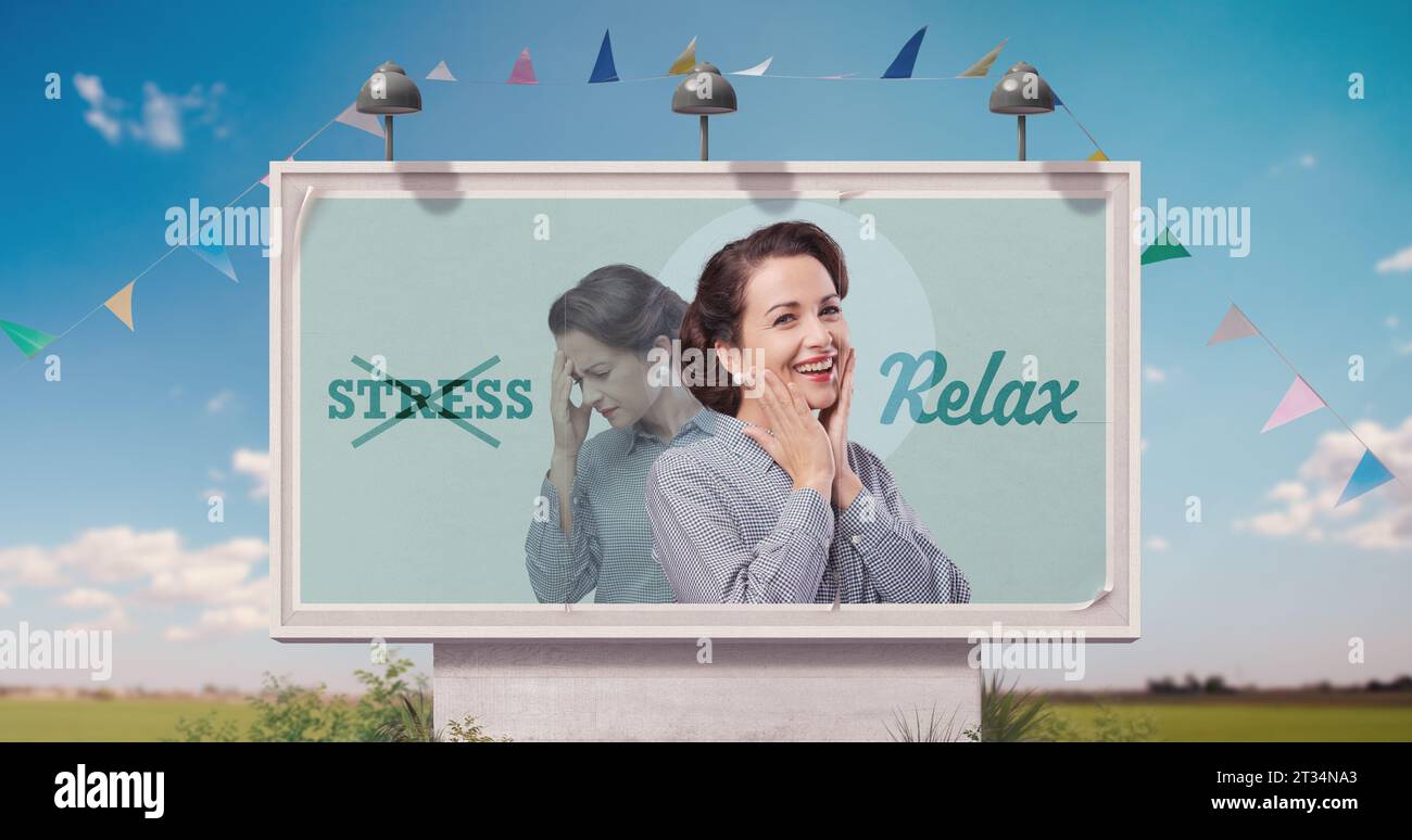 Inspirational advertisement on billboard: woman choosing relax over ...