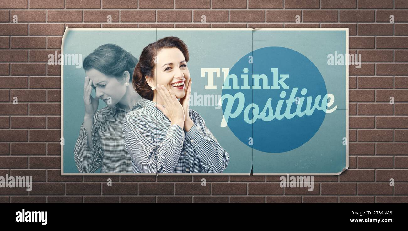 Think positive vintage inspirational advertisement with happy woman ...