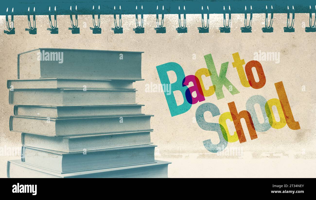 Back to school vintage collage with pile of books and text on old ...