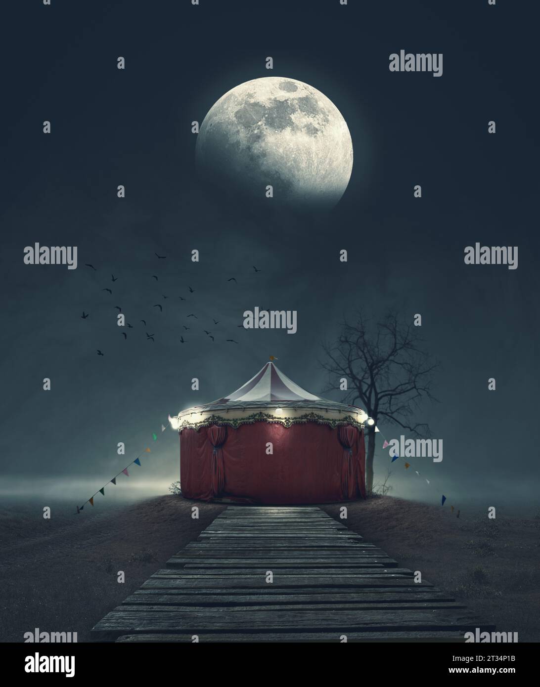 Scary vintage circus tent in the dark and big full moon Stock Photo - Alamy
