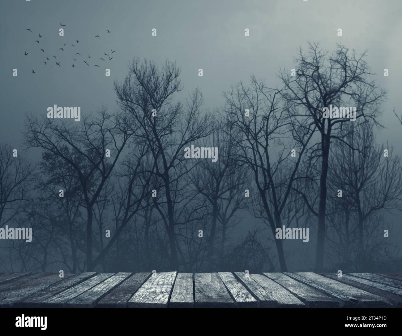 Old rough wooden pier at the lake and moonlit misty spooky forest at ...
