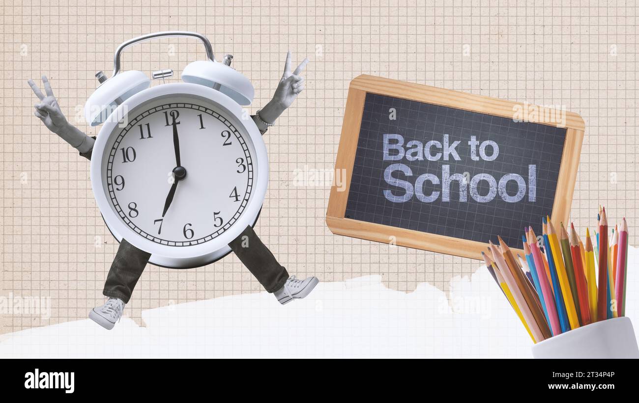 Back to school: happy alarm clock character jumping and school supplies ...