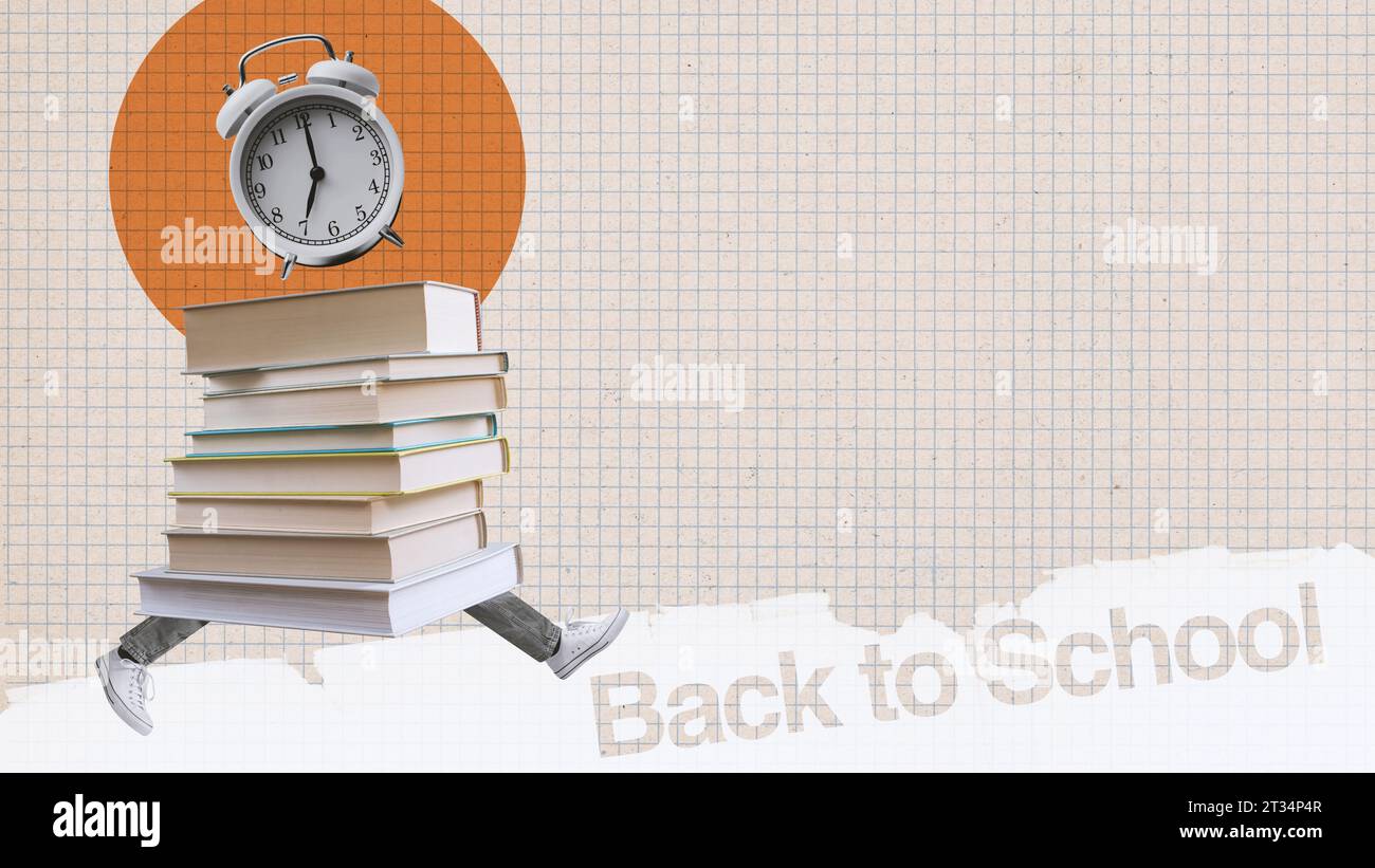 Back to school creative collage poster: pile of books with running legs ...