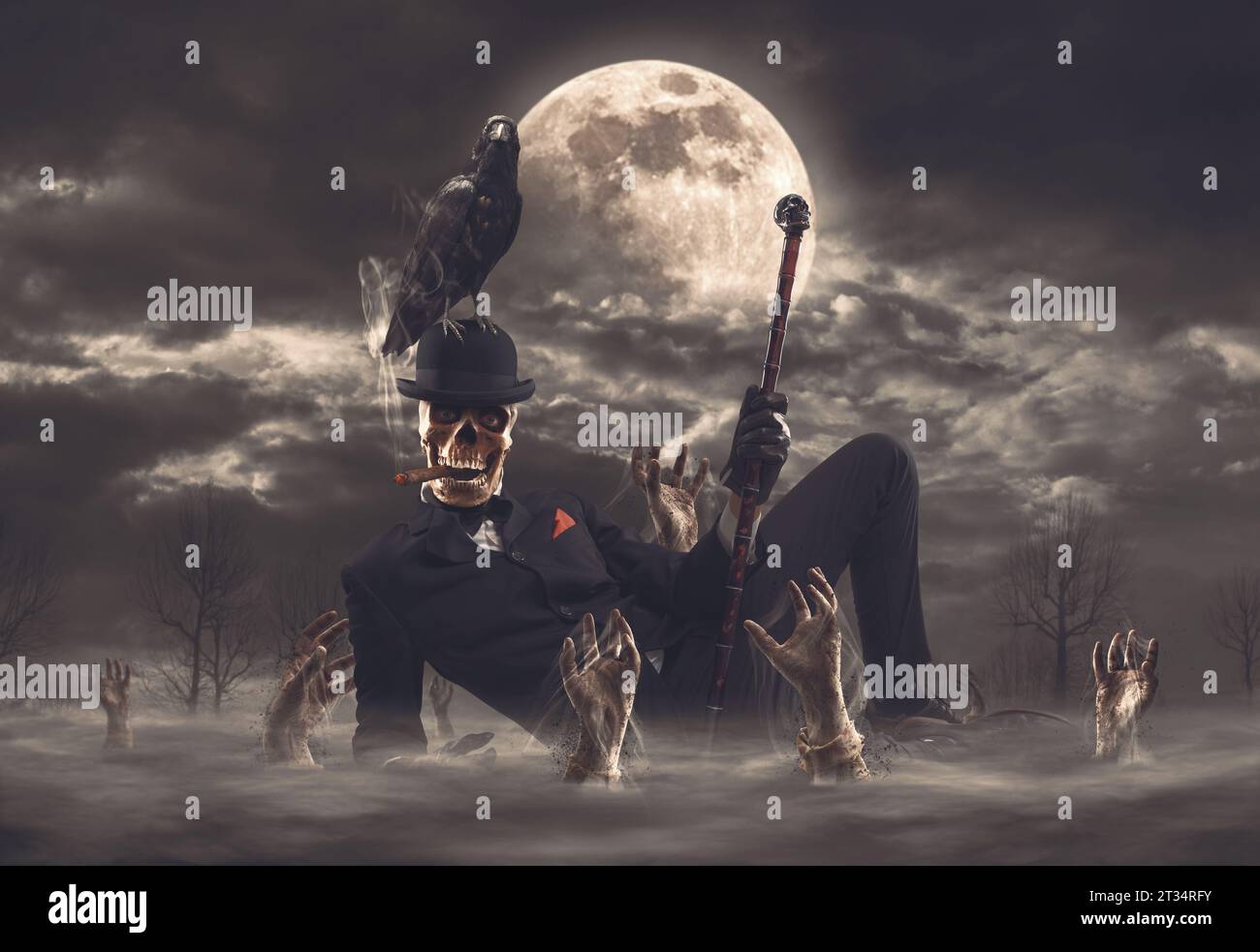 Scary elegant skeleton character with crow on his head and zombies ...