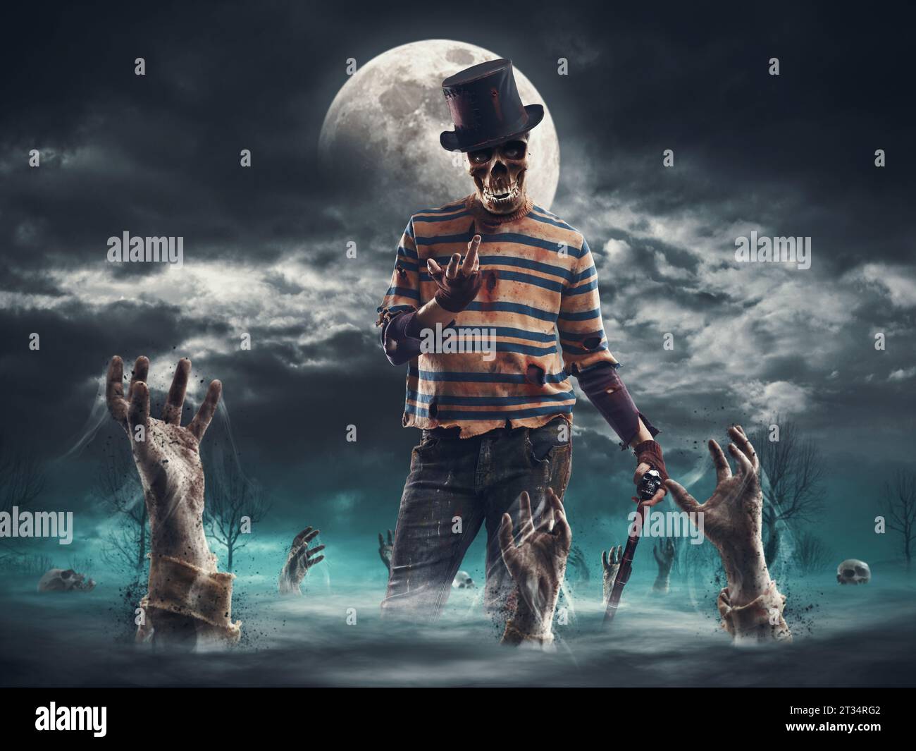 Creepy skeleton monster with top hat surrounded by zombie hands rising ...