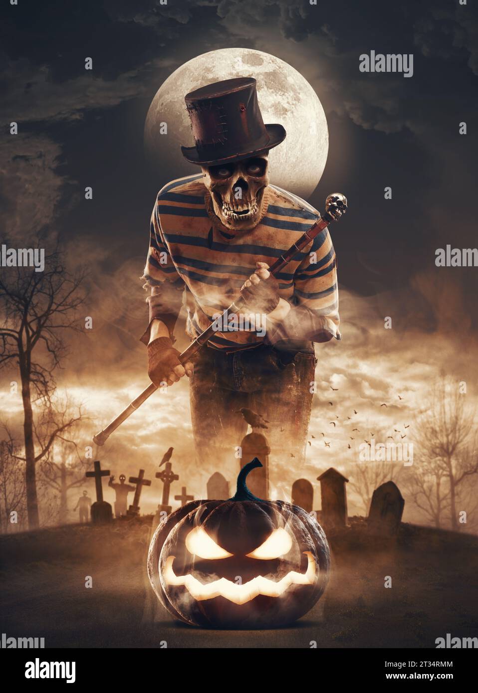 Horror Halloween poster with spooky skeleton character, pumpkin and ...