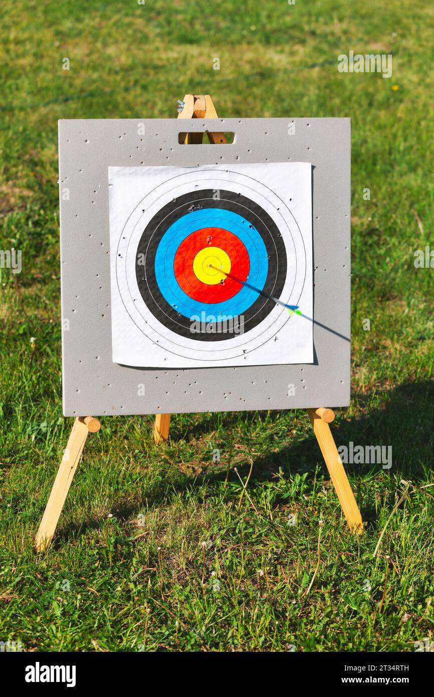 Standard archery target with one arrow hit the bullseye Stock Photo - Alamy