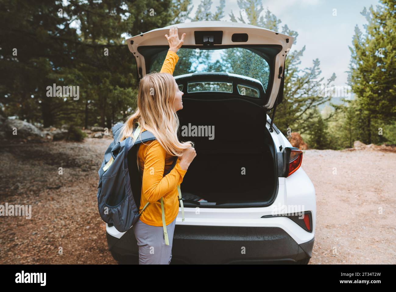 Road trip adventures woman traveling by rental car summer vacations ...