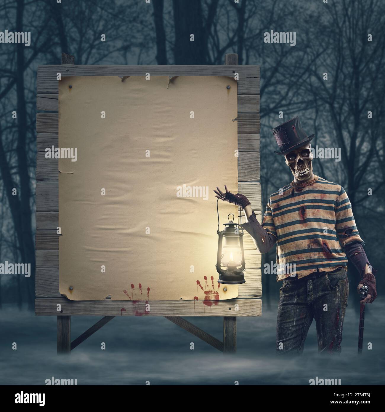 Scary Halloween skeleton character standing next to an empty wooden ...